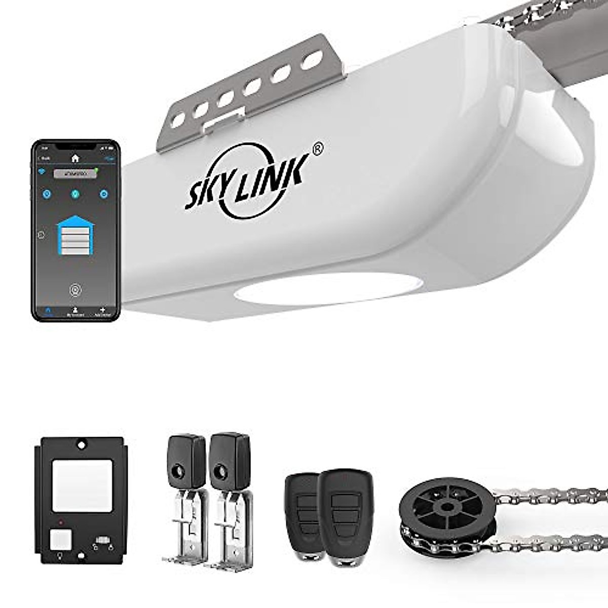 Atoms ATR-1722W by Skylink 3/4HPF Garage Door Opener Featuring Alexa with Extremely Quiet DC Motor, Chain Drive, 2 Remote Controls, Deluxe Wall Console and WiFi Compatible