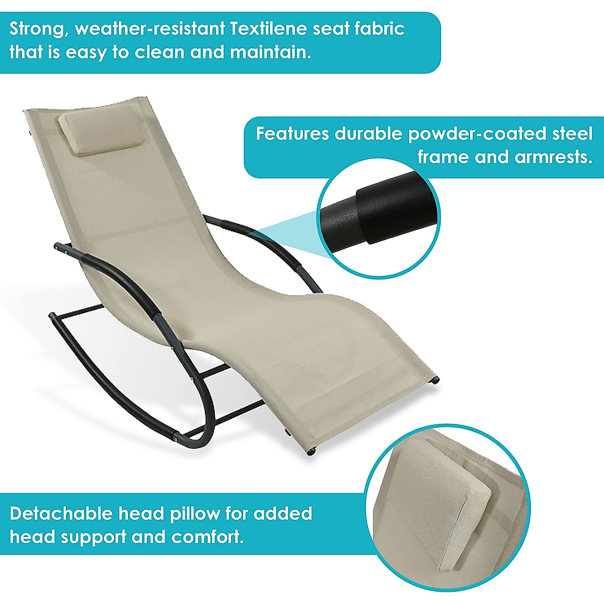 Sunnydaze Outdoor Rocking Wave Lounger with Pillow, Patio and Lawn Lounge Chair Rocker, Beige, Set of 2
