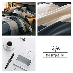 mixinni Luxury 3 Pieces Duvet Cover Sets King Size Geometric Checkered Bedding Cover for Men Women Soft Cotton Grey Beige Plaid Bedding Set with Zipper Ties
