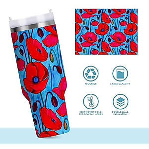 ODAWA 40oz Red Poppies Blue Insulated Tumbler Cup with Handle and Straw Lid, Vacuum Insulated Tumbler