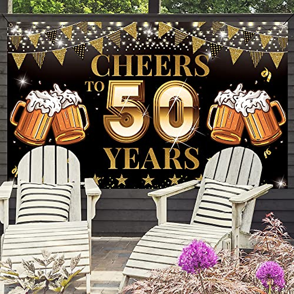 Cheers to 50 Years Backdrop Banner, Happy 50th Birthday Decorations for Men Women, 50th Anniversary Decorations, 50th Reunion, Black Gold 50 Years Celebration Party Decor, Vicycaty (6.1ft x 3.6ft）