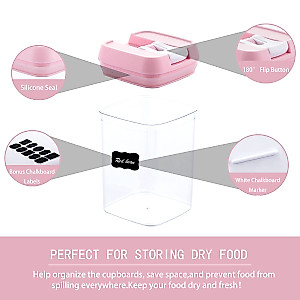U-QE Airtight Food Storage Container Set-10 Piece BPA Free Clear Plastic Cereal Canisters with Easy Lock Lids-Kitchen & Pantry Organization Containers for Sugar, Flour, Cereal, Labels & Marker(Pink)