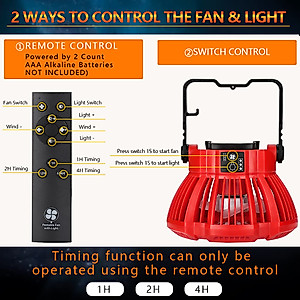 Hiesuan for Milwaukee 18v Fan Portable Camping Fan with Lantern, Remote, 3 Speed Brightness, 4H Timer, Hook Rechargeable Cordless Jobsite Small Personal Fan for Milwaukee 18V M18 Li-Ion Battery