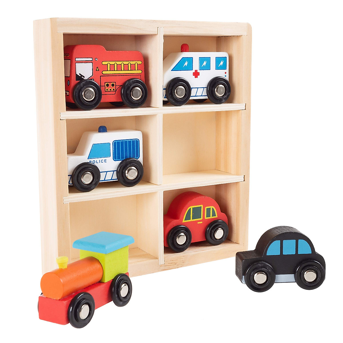 Hey! Play! Wooden Car PlaySet-6-Piece Mini Toy Vehicle Set with Cars, Police and Fire Trucks, Train-Pretend Play Fun for Preschool Boys and Girls