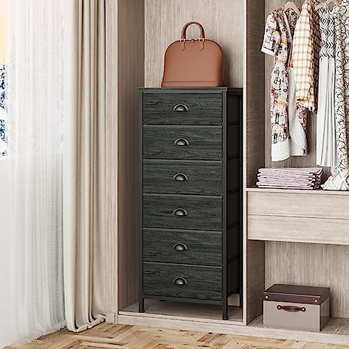Furnulem Dresser for Bedroom with 6 Drawers, Tall Chest of Drawers, Black Storage Organizer Tower for Office, Entryway, Living Room with Wooden Top(Black Oak)