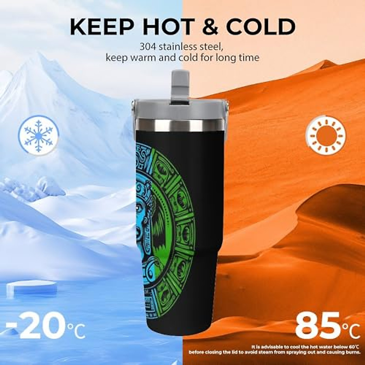 Colorful Aztec Calendar 30 OZ Insulated Tumblers with Handle And Straw Leakproof Vacuum Insulated Stainless Steel Water Bottle for Car Fishing Travel