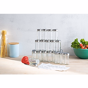 Orii 24 Glass Spice Jars with Stainless Steel Lids, 70 Spice Labels and Funnel, Seasoning Storage Bottles for Spice Rack, Cabinet, Drawer, Pantry