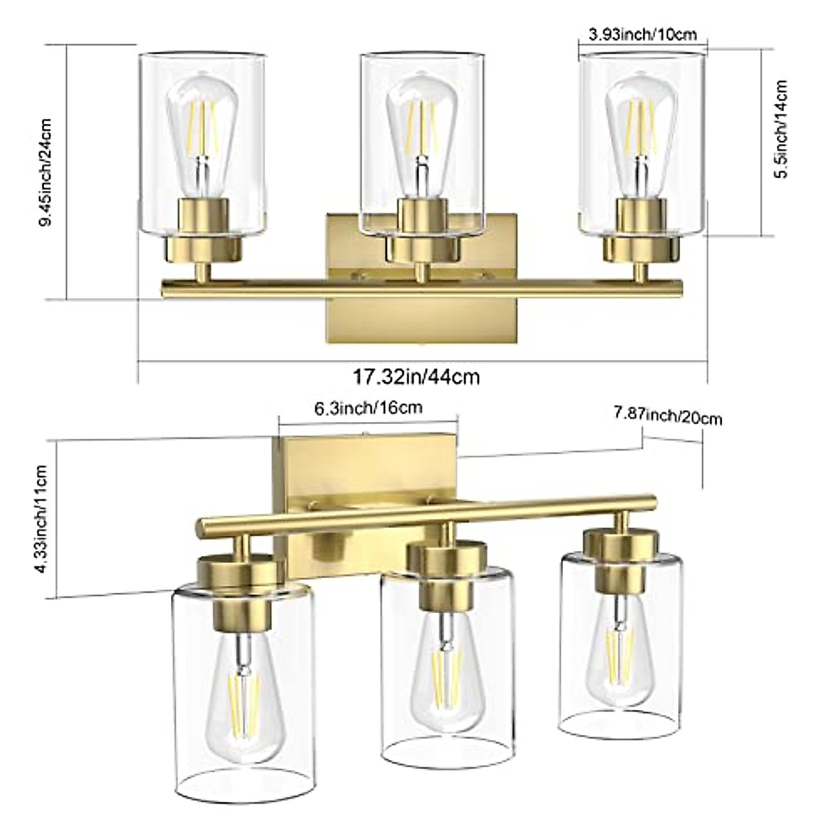 Gold Bathroom Light Fixtures, Modern Bathroom Vanity Light with Clear Glass Shade, 3 Lights Brushed Brass Bath Wall Mount Lights, Gold Wall Sconce for Kitchen Bedroom Hallway Living Room Hallway