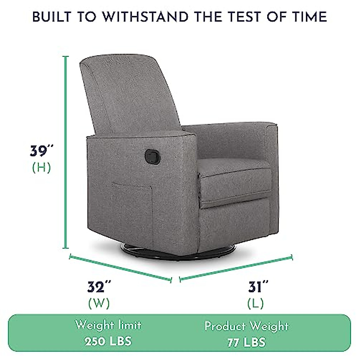 Evolur Raleigh Upholstered Plush Seating Glider Swivel, Recliner, Glider for Nursery in Rustic Grey, Greenguard Gold Certified, Modern Nursery Recliner, Environmentally Conscious Glider