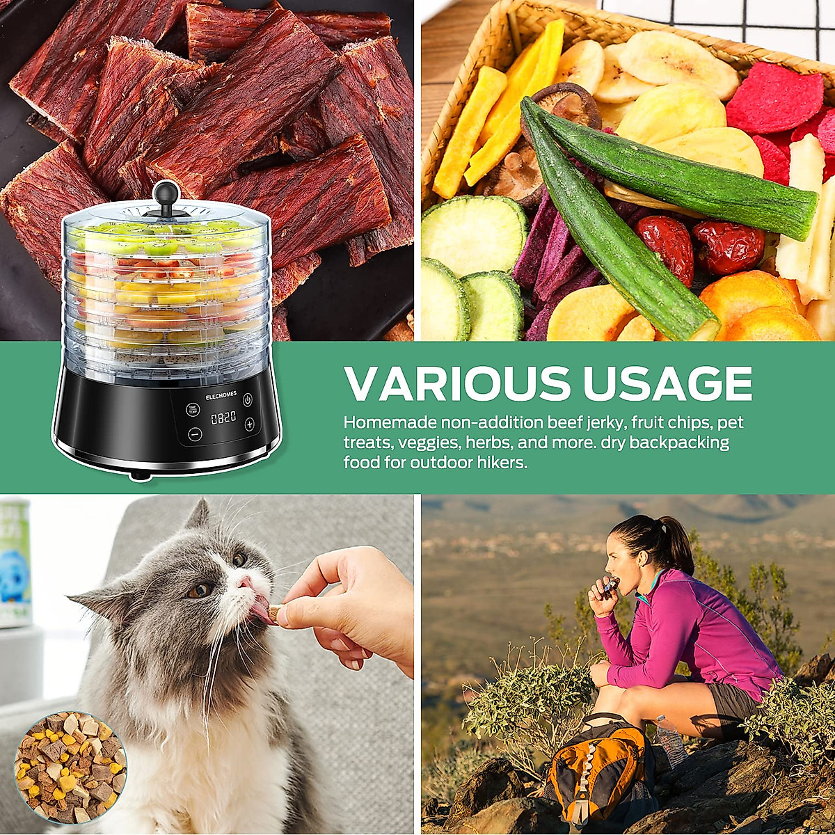 Food Dehydrator, Elechomes Upgraded 6-Tray Dryer for Beef Jerky, Meat, Fruit, Dog Treats, Herbs Vegetable, Digital Time & Temperature Control, Overheat Protection Fruit Roll Sheet Included, BPA Free