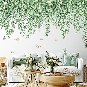 Green Leaf Wall Decals Hanging Vine Wall Sticker Plant Flower Wall Decal Butterfly DIY Removable Wall Stickers Peel and Stick Art Murals for Kids Baby Girls Nursery Bedroom Living Room