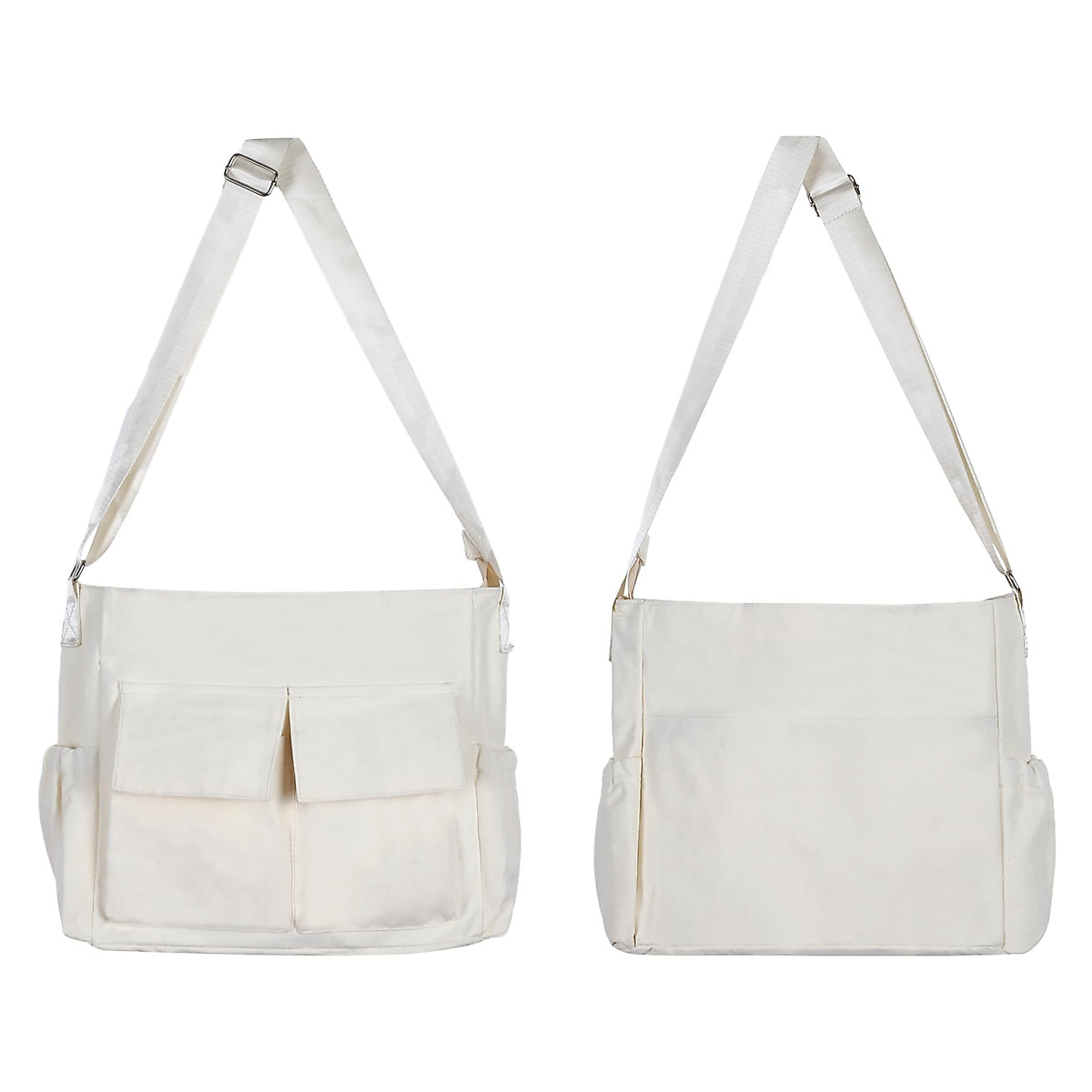 Canvas Messenger Bag Crossbody Shoulder Bag for Men and Women Vintage Tote Laptop Bag Large Hobo Bag with Multiple Pockets (Off-White)