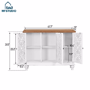 MFSTUDIO Accent Wood Storage Cabinet, Large Farmhouse Hollow-Carved Buffet Sideboard with 3 Doors Decorative Storage Cabinets for Living Room Kitchen Entryway Hallway, White