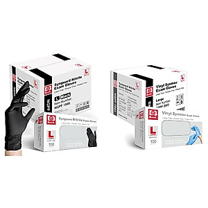 Basic Medical Black Nitrile Exam Gloves - Latex-Free & Powder-Free - NGPF 1046 (Case of 1,000), large & Medical Synmax Vinyl Exam Gloves - Latex-Free & Powder-Free - Large, BMPF-3003(Case of 1,000)