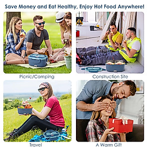 Kabbas Electric Lunch Box Food Heater with 2 Compartments, 80W Portable Heated Lunch Box for Adults, 12V 24V 110V Self Heating Lunch Box for Work Car Truck with 1.5L Removable 304 SS Container