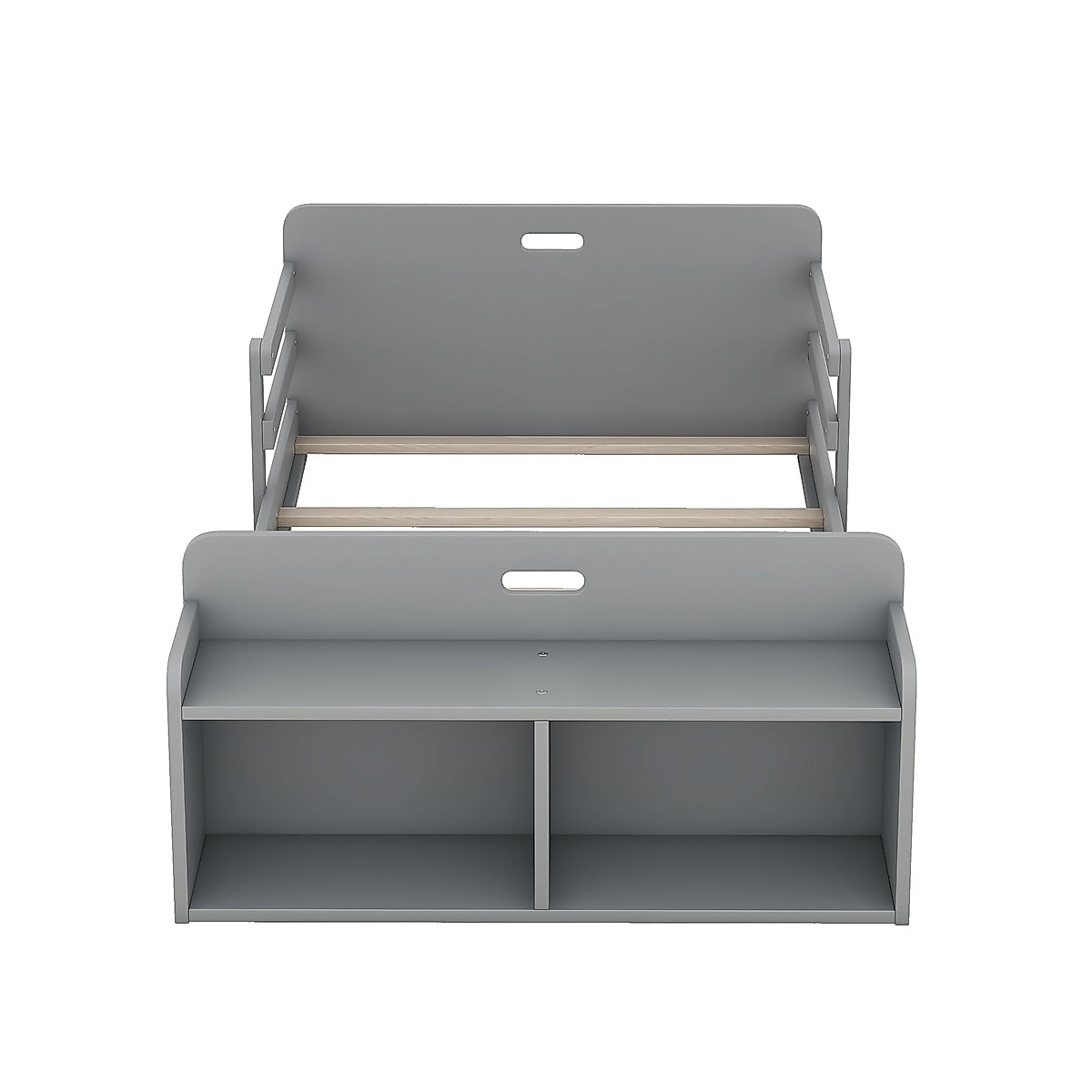 Harper & Bright Designs Twin Size Floor Bed with Storage Footboard and Guardrail, Wood Floor Bed Frame with Solid Wood Slats,Twin Bed Frame for Kids Girls Boys,Gray