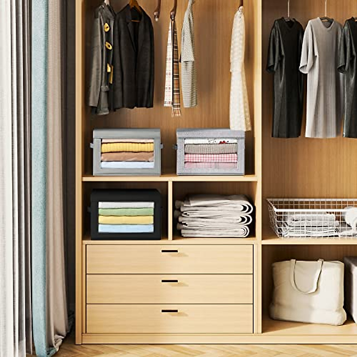 DIMJ Storage Bins with Lids, Foldable Sorage Bin for Closet, Storage Baskets with Window, Fabric Storage Bins with Handle for Clothes, Books, Baby items (Grey, Set of 4)