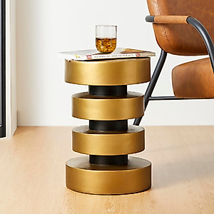 Glitzhome Modern Industrial 12” Dia Round Side Table in Antique Gold Black, Floating Disks Accent Stool End Table for Living Room, Bedroom, Entryway and Small Spaces