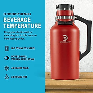 DrinkTanks Craft Growler, Passivated Stainless Steel Growlers for Beer, Leakproof and Vacuum Insulated Beverage Tumbler, Easy-to-Use Soda, Wine, or Coffee Tumbler with Handle, Crimson, 64 Oz