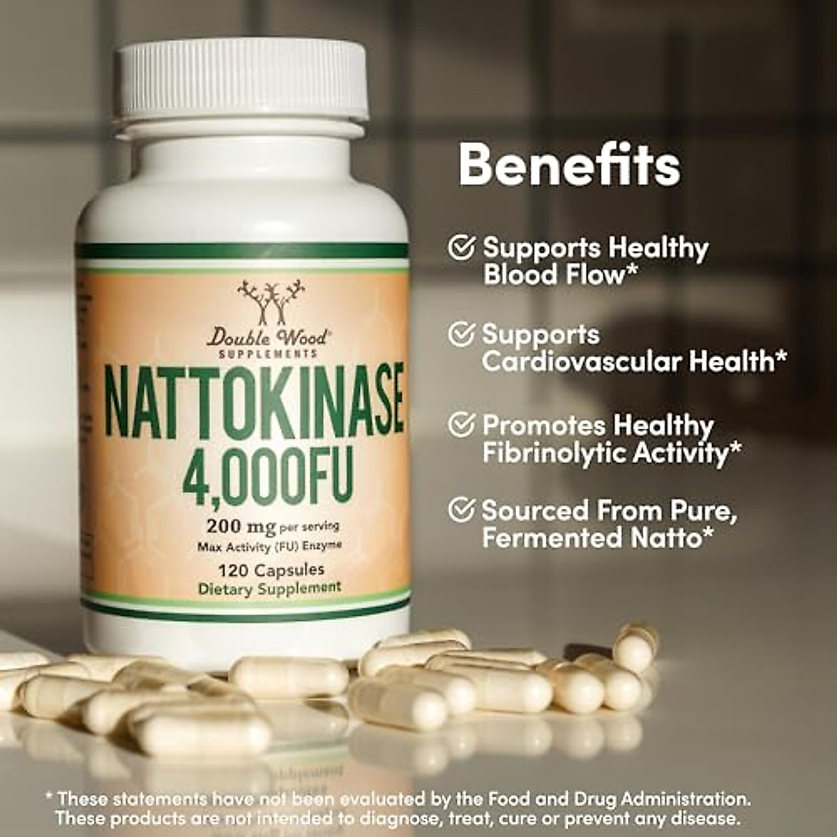 Nattokinase Supplement 4,000 FU Servings, 120 Capsules (Derived from Japanese Natto) Systemic Enzymes for Cardiovascular and Circulatory Support by Double Wood