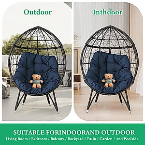 Temminkii Outdoor Patio Wicker Egg Chair Oversived Indoor Basket Rattan Chair with Stand,4''Cushion 410bls Capacity for Backyard Balcony Bedroom (Blue)