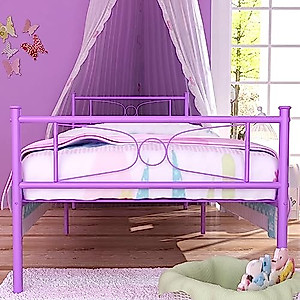 GIME Purple Twin Bed Frames with Storage for Adults Teens, Single Beds Metal Twin Size Beds for Girls, No Box Spring Needed Twin Platform with Headboard for Students