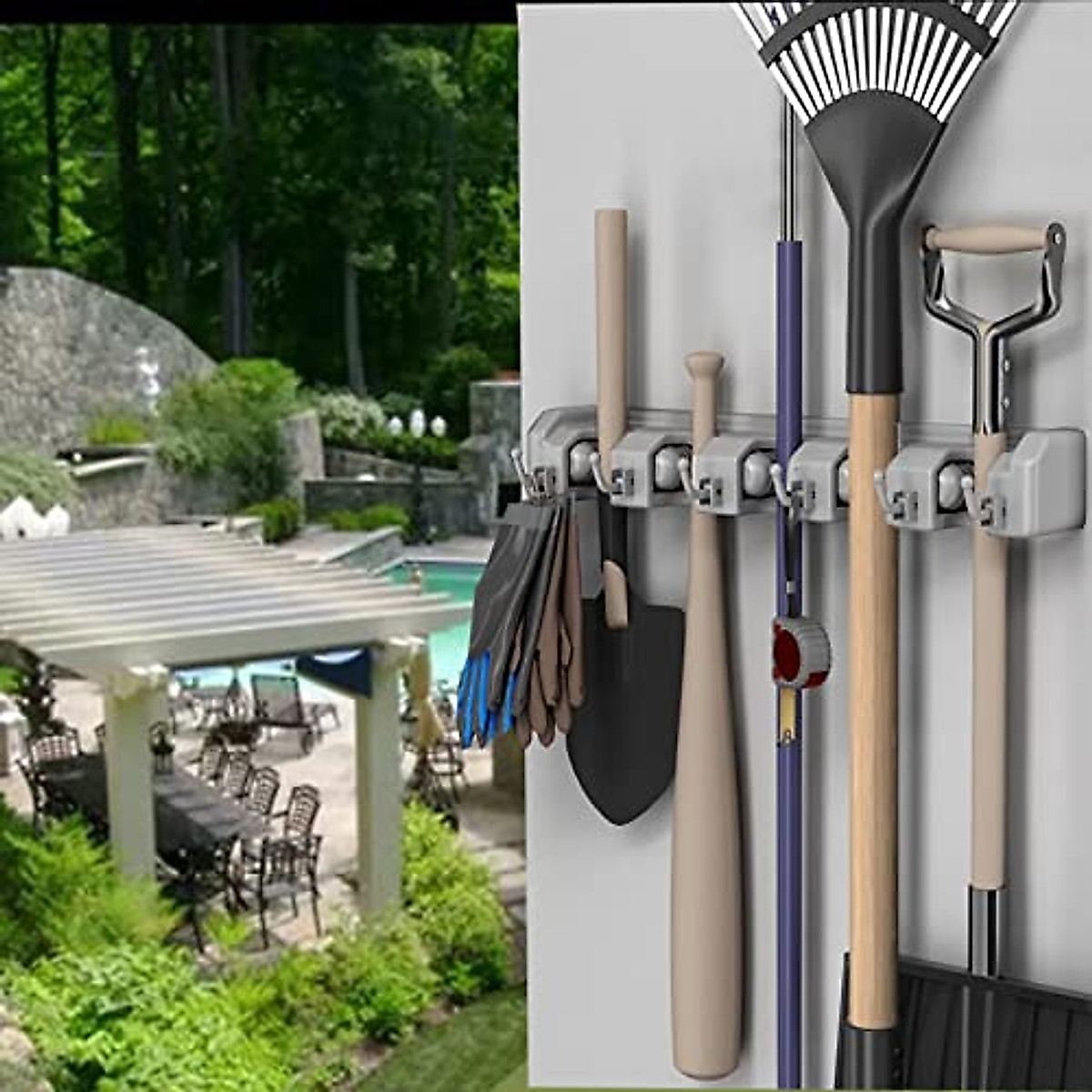 YouOKLight Broom holder wall mount, mop and broom hanger wall mount garden tool organizers storage rack, broom organizer mop holder hanger. For Home Garden Garage And Storage, 5 Slots, 6 Hooks, Grey.