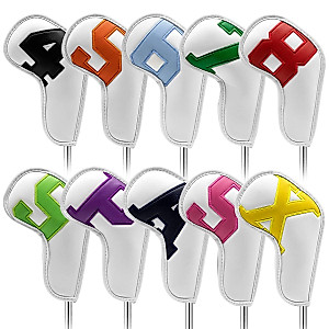 Barudan Golf Iron Club Head Covers set Headcovers for Callaway Ping S5 - Big Colorful Number - Long Neck - Black Pu Leather fits Small Standard Oversized Golf Clubs 10pcs/Pack (White+Color Number)