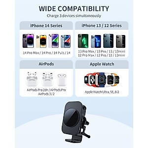 MAKAQI 3 in 1 Magnetic Wireless Car Charger, Car Charger Mount for iPhone/Apple Watch/Airpods, Car Phone Holder Only Support with iPhone15/14/13/12 Pro Max, Apple Watch SE 7/6/5/4/3/2, AirPods (Black)