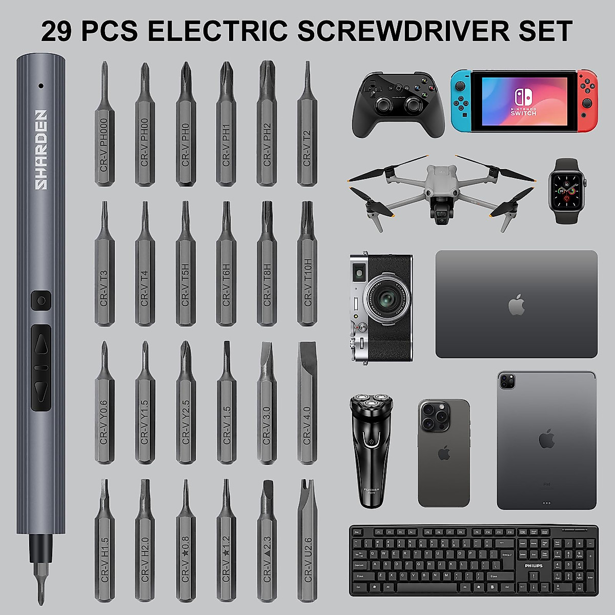 SHARDEN Mini Electric Screwdriver,29 in 1 Small Electric Screwdriver Kit with 24 Magnetic Bits,Precision Screwdriver Cordless Repair Tool for Phone Camera Laptop Watch