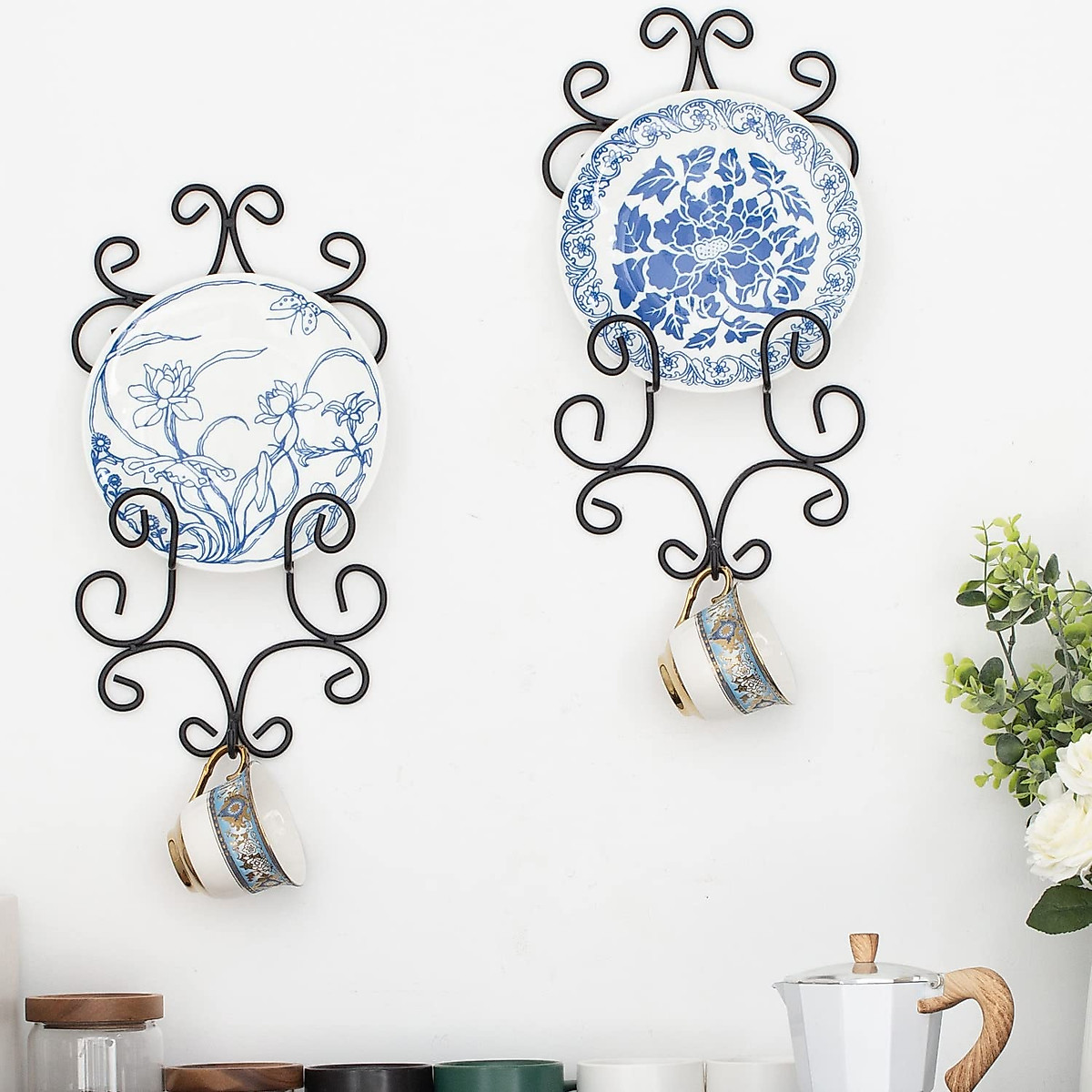 MyGift Wall Plate Display Holder, Set of 2 - Vintage Scroll Work Style Black Metal Wall-Mounted Tea Cup and Saucer Hanging Rack, Holds Plates Up To 11 Inches