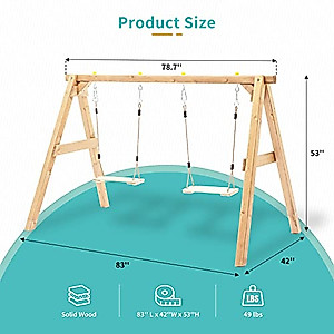 Heavy Duty Wooden Swing Frame for Kids, Upgraded A-Frame Porch Swing Bench Stand for Indoor Outdoor with 2 Pinch Free Belt Swings