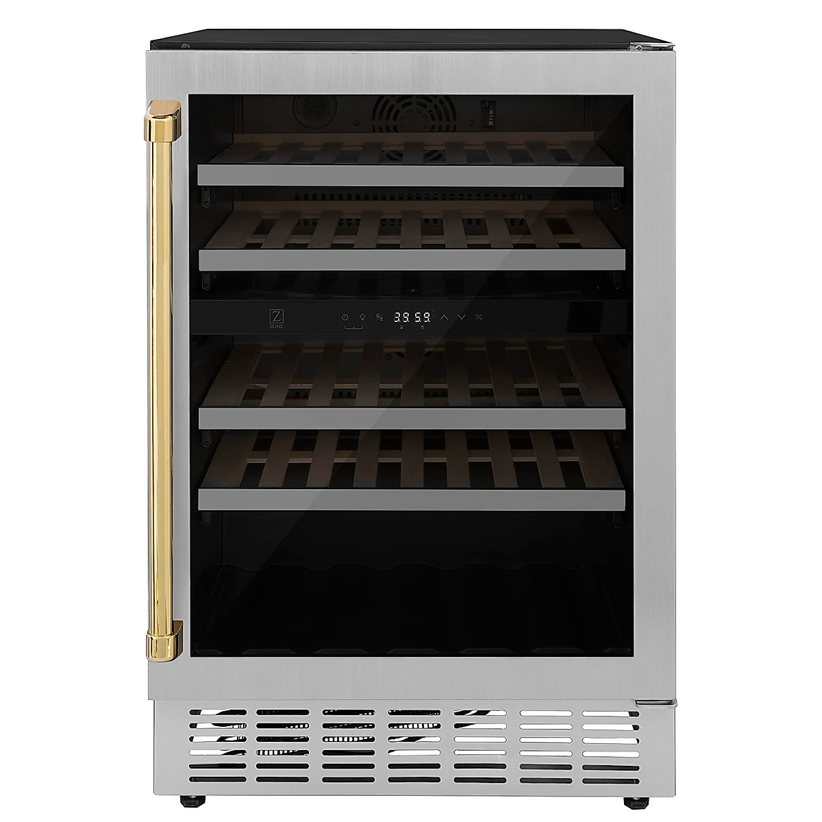 Z Line Kitchen and Bath ZLINE 24" Monument Autograph Edition Dual Zone 44-Bottle Wine Cooler in Stainless Steel with Polished Gold Accents (RWVZ-UD-24-G)