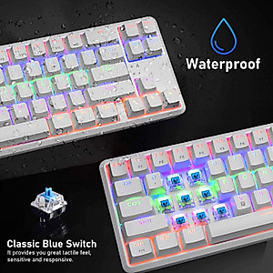 Wireless Mechanical Gaming Keyboard,60% Ultra-Compact Blue Backlit Rechargeable Bluetooth Dual Wired/Wireless Blue Switches Computer Keyboard for Multi-Device Phone Android Mobile(White Rainbow)