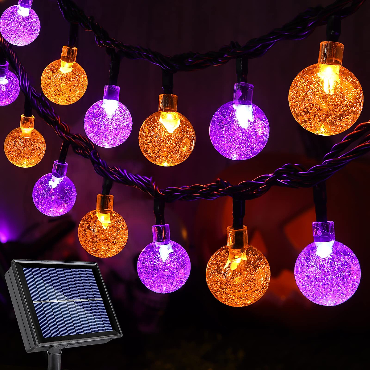 Lomotech Orange Purple Solar Halloween Lights, 72FT 100 LED Halloween Globe Lights, 8 Modes Waterproof Halloween Lights for Halloween Decoration