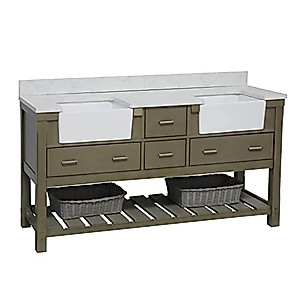 Kitchen Bath Collection Charlotte 72-inch Double Farmhouse Vanity (Engineered Carrara/Weathered Gray): Includes Weathered Gray Cabinet with Engineered Carrara Countertop and White Ceramic Apron Sinks