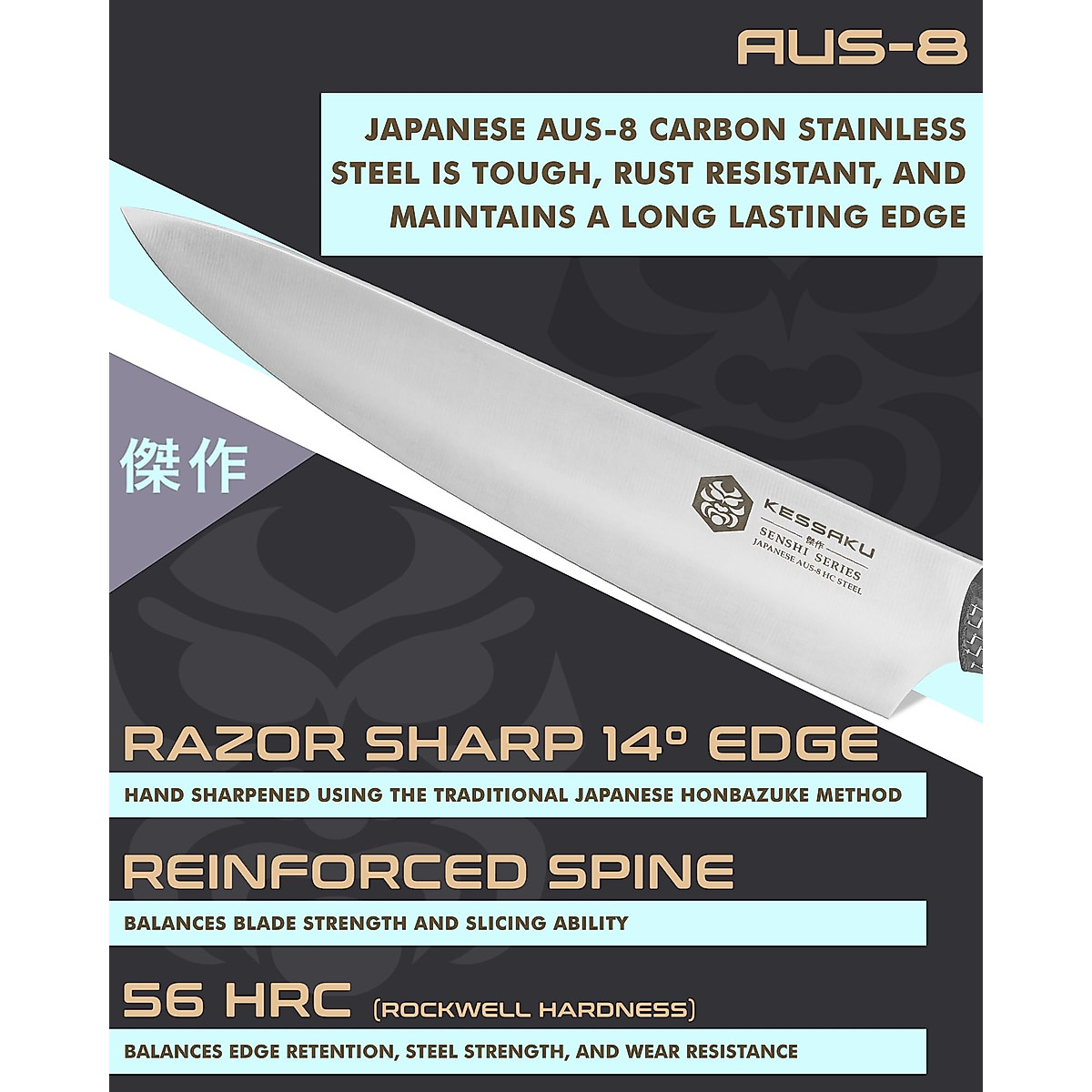 KESSAKU 8-Inch Chef Knife - Senshi Series - Forged Japanese AUS-8 High Carbon Stainless Steel - Carbon Fiber G10 Handle with Sheath