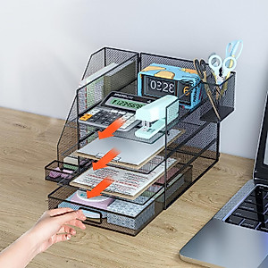 Desk Organizer, File Organizer for Desk with Vertical File Folder Holders, 4-Tier Paper Letter Tray with Sliding Drawer and Pen Holder, Desk Accessories & Workspace Organizers for Office School Home