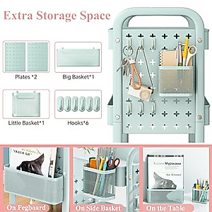Rolling Utility 3 Tier Organizer Cart with Wheels - Metal Craft Storage Cart with DIY Dual Pegboards, Removable Baskets Hooks for Office, Home, Kitchen, Classroom (Green)
