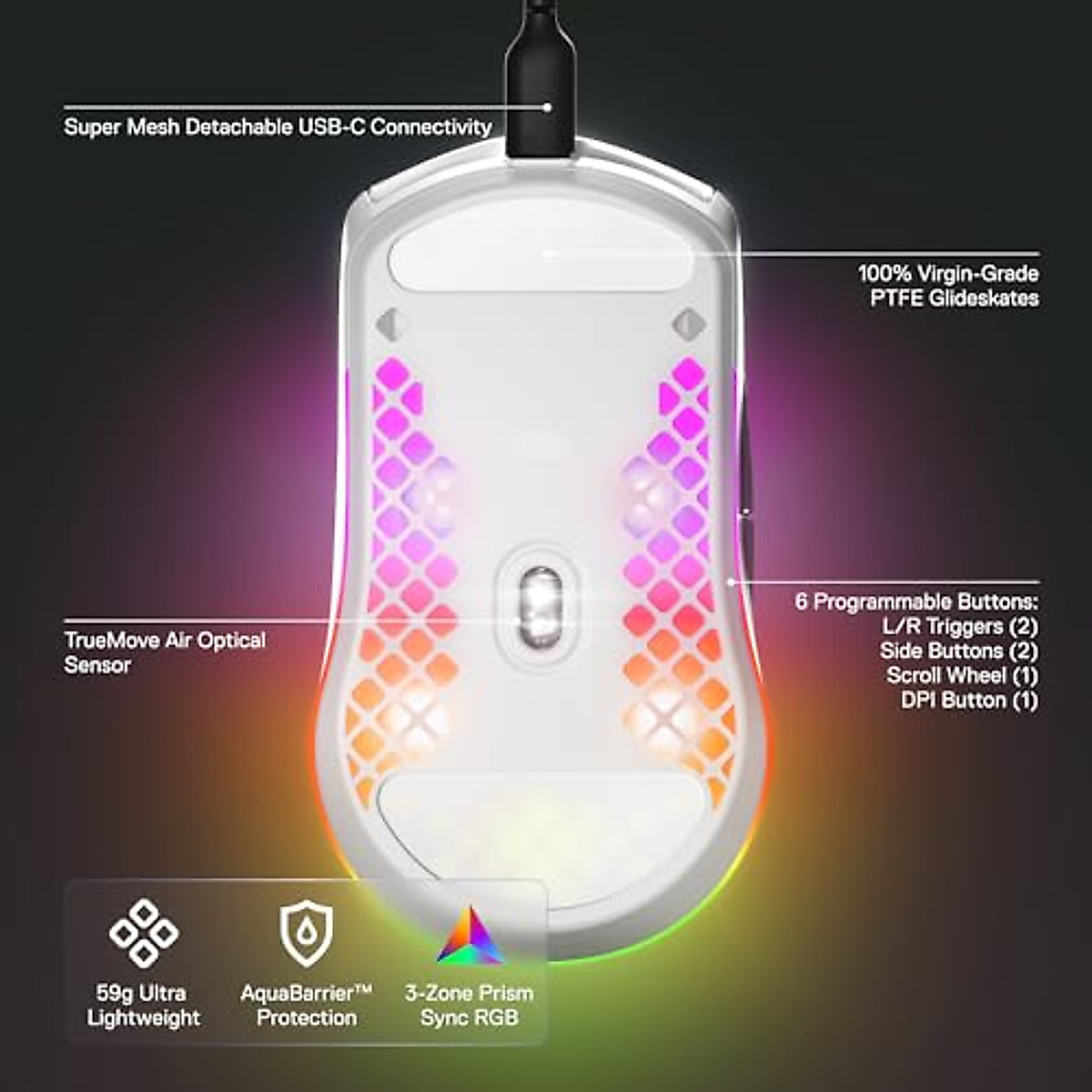 SteelSeries Aerox 3 - Holey RGB Gaming Mouse - Ultra-lightweight Water Resistant Design - 8,500 DPI TrueMove Core Optical Sensor - Snow