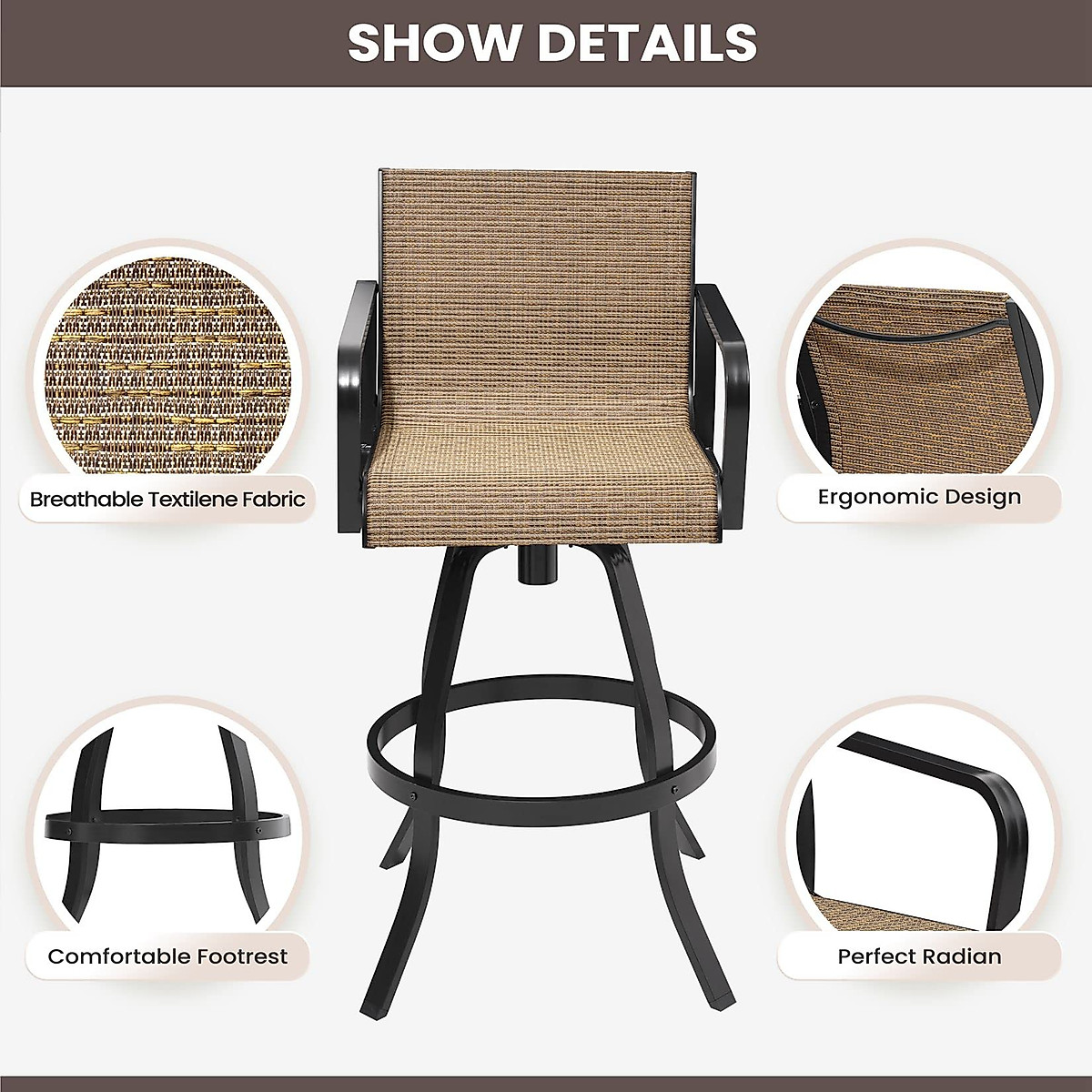 Pellebant Swivel Bar Stools Set of 2, Outdoor Aluminum Bar Height Chairs, All Weather Furniture for Patio, Pool, Garden, Backyard, Brown