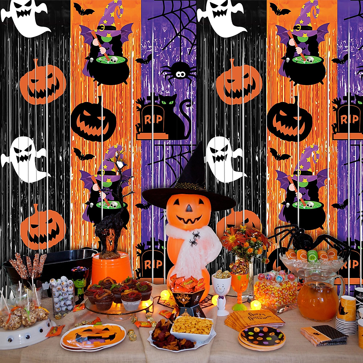 Foil Fringe Curtains Halloween Party Decorations, 2 Pack 3.3 x 6.6 FT Black Orange Purple Tinsel Fringe Curtain Halloween Decor Indoor Photo Backdrop Streamers for Halloween Birthday Party Decorations