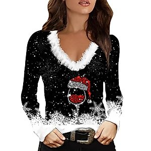 womens halloween costumes Womens V Neck Long Sleeve Tshirt Fashion Christmas Printed Slimming Fit Casual Blouse 2023 Autumn Lightweight Cozy Tunic Tops Cute Snowflake Graphic Tee(2-Black,Large)