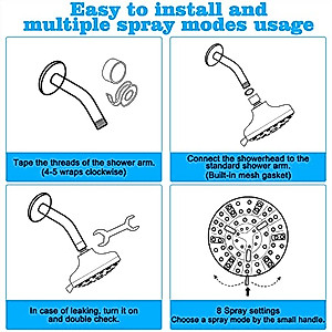 Shower Head, REHAVE Rainfall ShowerHead, 5.1 Inches High-Pressure with 63 Jets 8 Spray Modes - Replacement for Bathroom Shower Heads - Anti-Clogging Silicone Nozzles, Brass Angle-adjustable Ball Joint