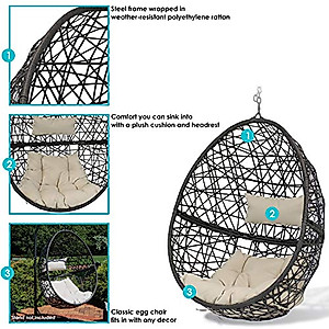 Sunnydaze Caroline Hanging Egg Chair - Resin Wicker - Modern All-Weather Construction Design - Outdoor Lounging Chair - Large Basket Patio Chair with Removable Beige Cushions
