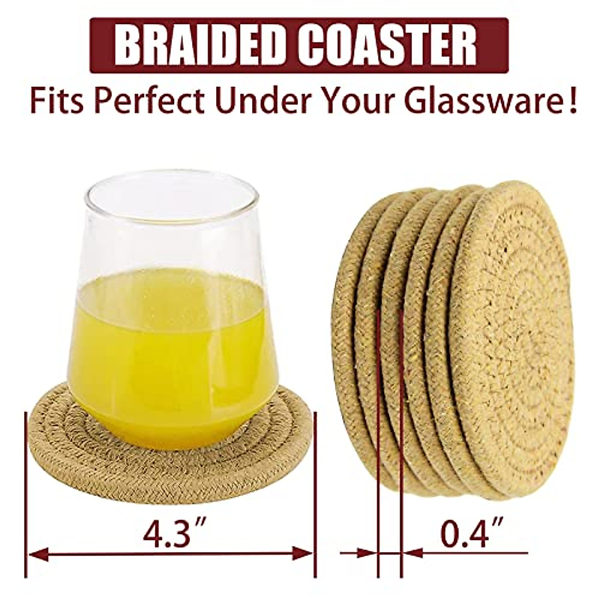 Casaphoria Cotton Woven Coasters for Drinks Absorbent,Round Heat-Resistant Cotton Coasters for Coffee Table,Handmade Braided Fabric Insulated Coasters,Home Decor Gifts(Brown,6Pcs,4.3inch)
