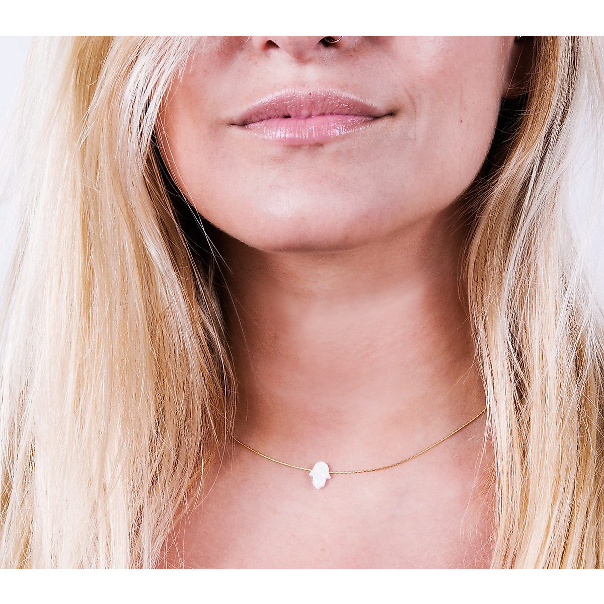Delicate 14K Gold Filled Opal Hamsa Choker Necklace - Designer Handmade Minimalist Collar with Small White Hand - 13.5 inch + 3 inch extending chain