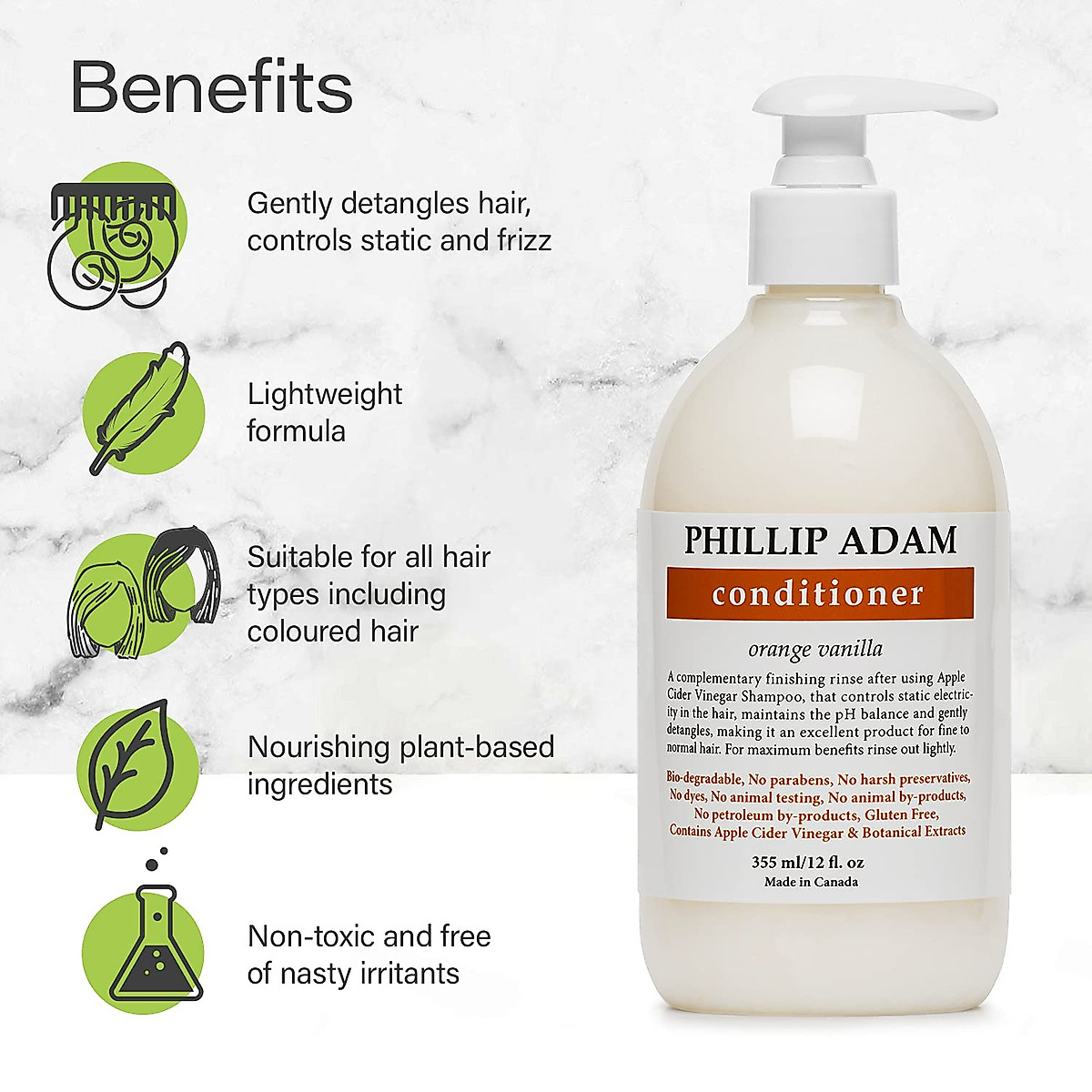 Phillip Adam Orange Vanilla Conditioner for Smooth and Shiny Hair - No Harsh Chemicals - Safe for Color Treated Hair - Delicious Natural Scent - 12 Ounce