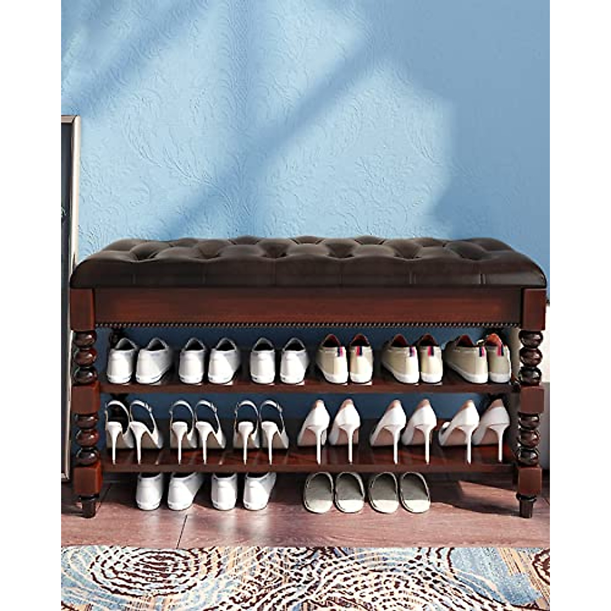E EYOUPINO Storage Bench Vintage Solid Wood Shoe Bench 3 Tier Wooden Entryway Bench Shoe Rack with Leather Cushion Seating Brown (31.5’’)
