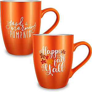 Funtery 2 Pcs Fall Autumn Coffee Mugs Pumpkins Mugs Cups Happy Fall Y'all Coffee Mug Good Morning Pumpkin Cup Camp Mug Campfire Mug Thanksgiving Ceramic Cup for Home Women Men Mom Dad (Orange)